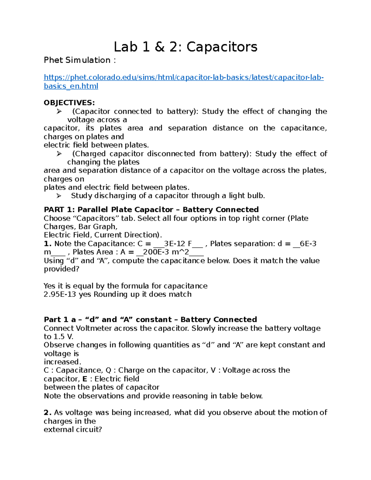 Lab 1&2 - Lab 1 & 2: Capacitors Phet Simulation - Lab 1 & 2: Capacitors ...