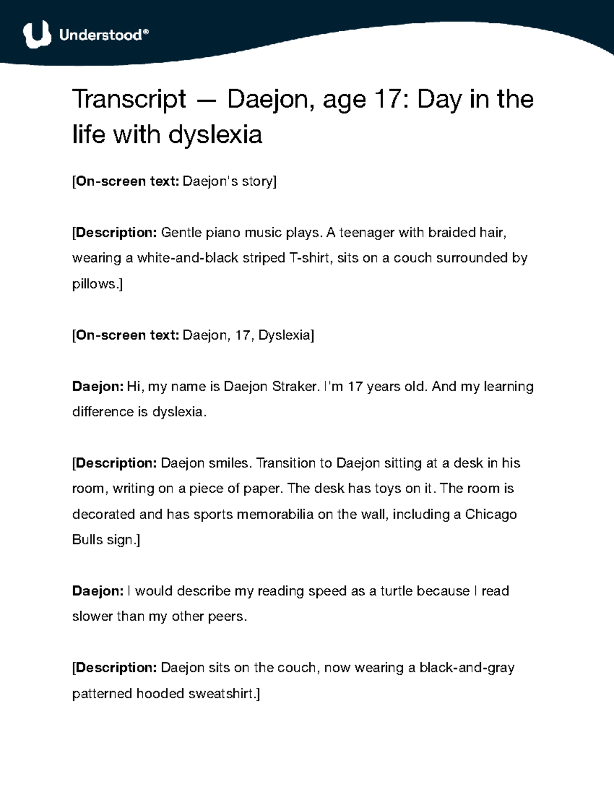 DYS 101: Daejon's Journey - A Day in the Life with Dyslexia Transcript ...