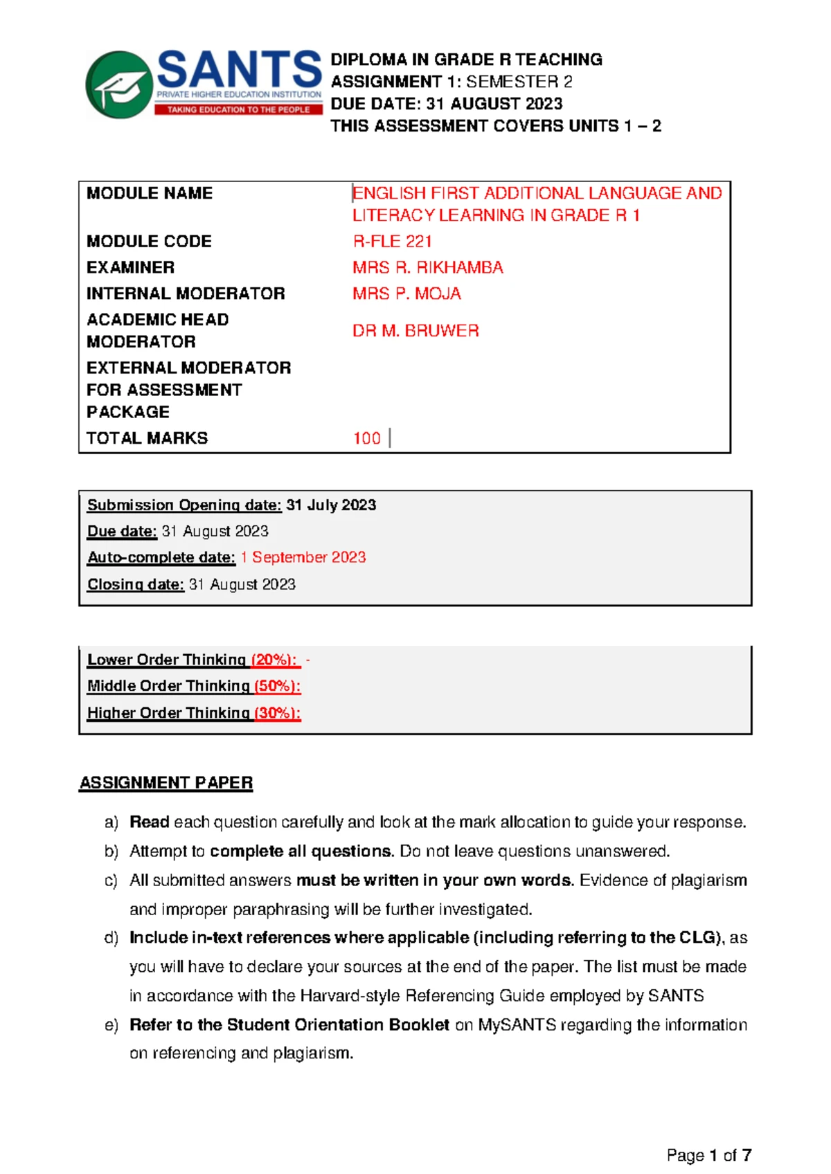 ASSIGNMENT 1 REDS - Always remember to consult MySANTS website for ...