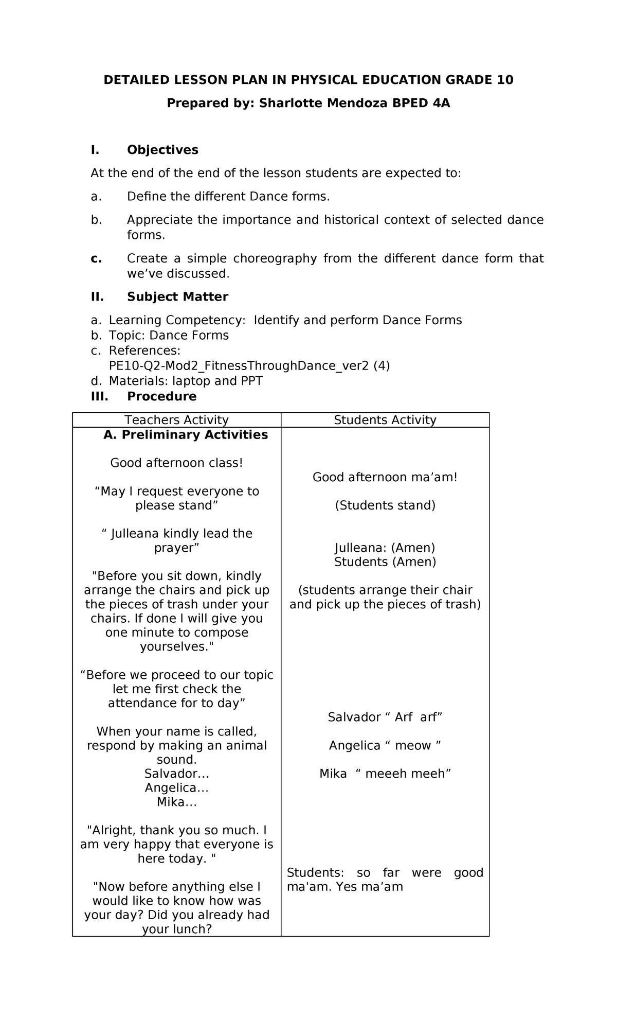 DETAILED LESSON PLAN IN PHYSICAL EDUCATION GRADE 10 - Studocu