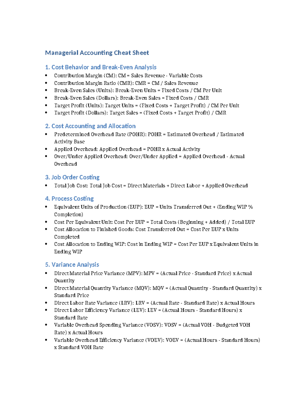 Managerial Accounting Cheat Sheet - Cost Behavior and Break-Even Analysis Contribution Margin ...
