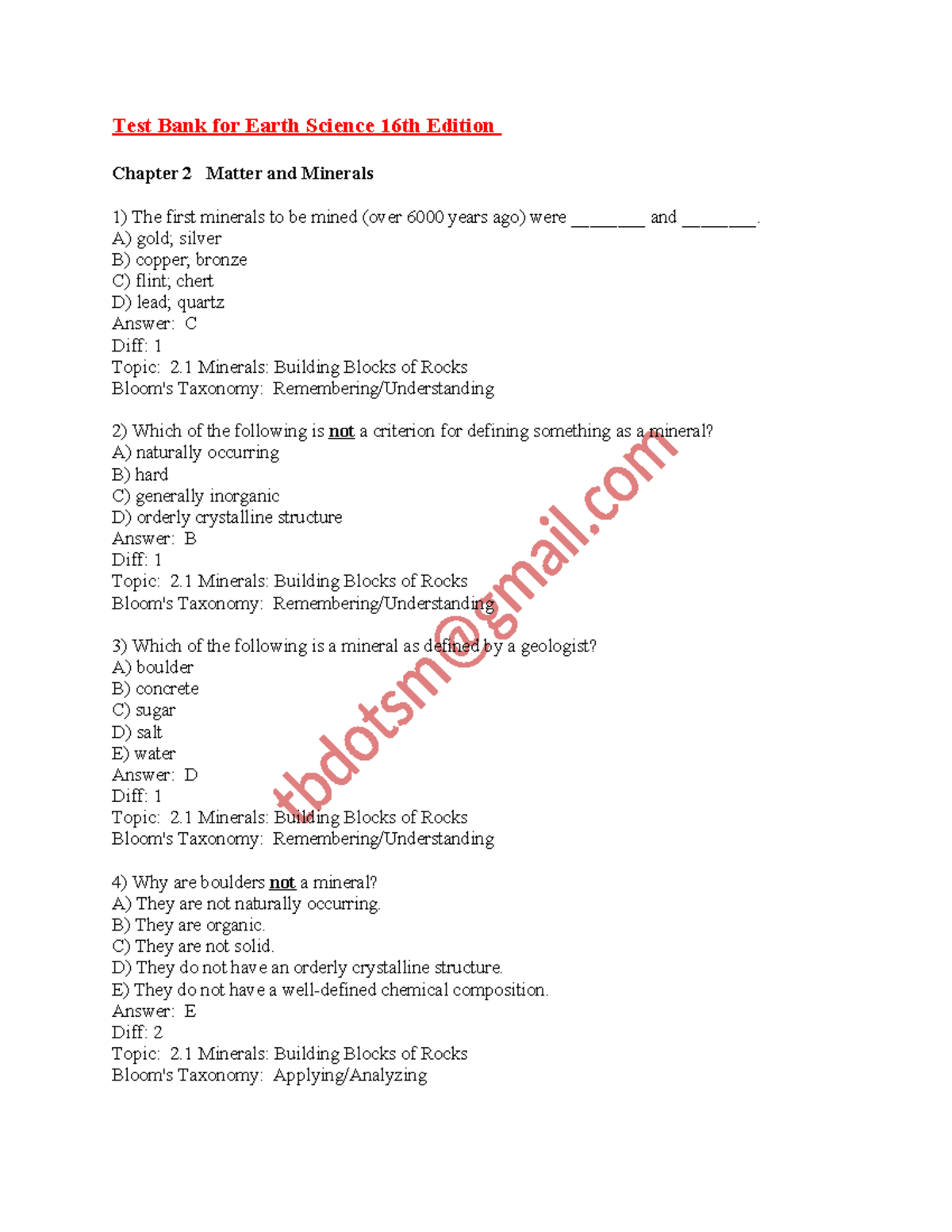 Test Bank for Earth Science 16th Edition: Chapter 2 - Matter & Minerals ...
