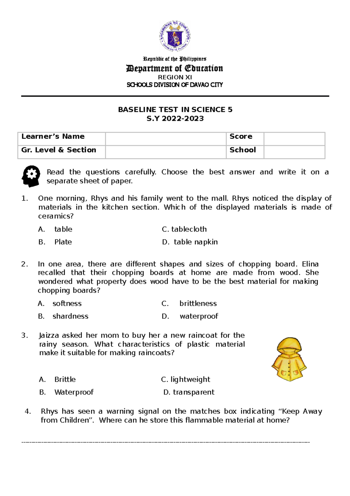 Baseline Test in Science 5 S.Y. 2022-2023 - Studocu