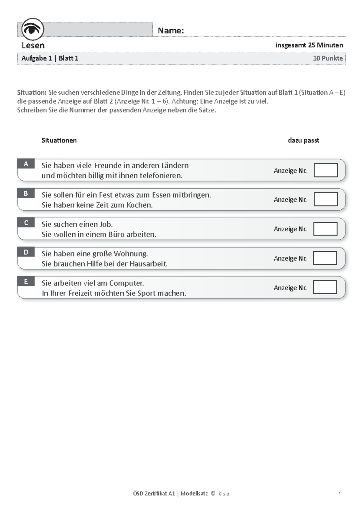 ÖSD Zertiﬁkat A1 Modellsatz: Schriftliche Prüfung 1 - Aufgaben und ...