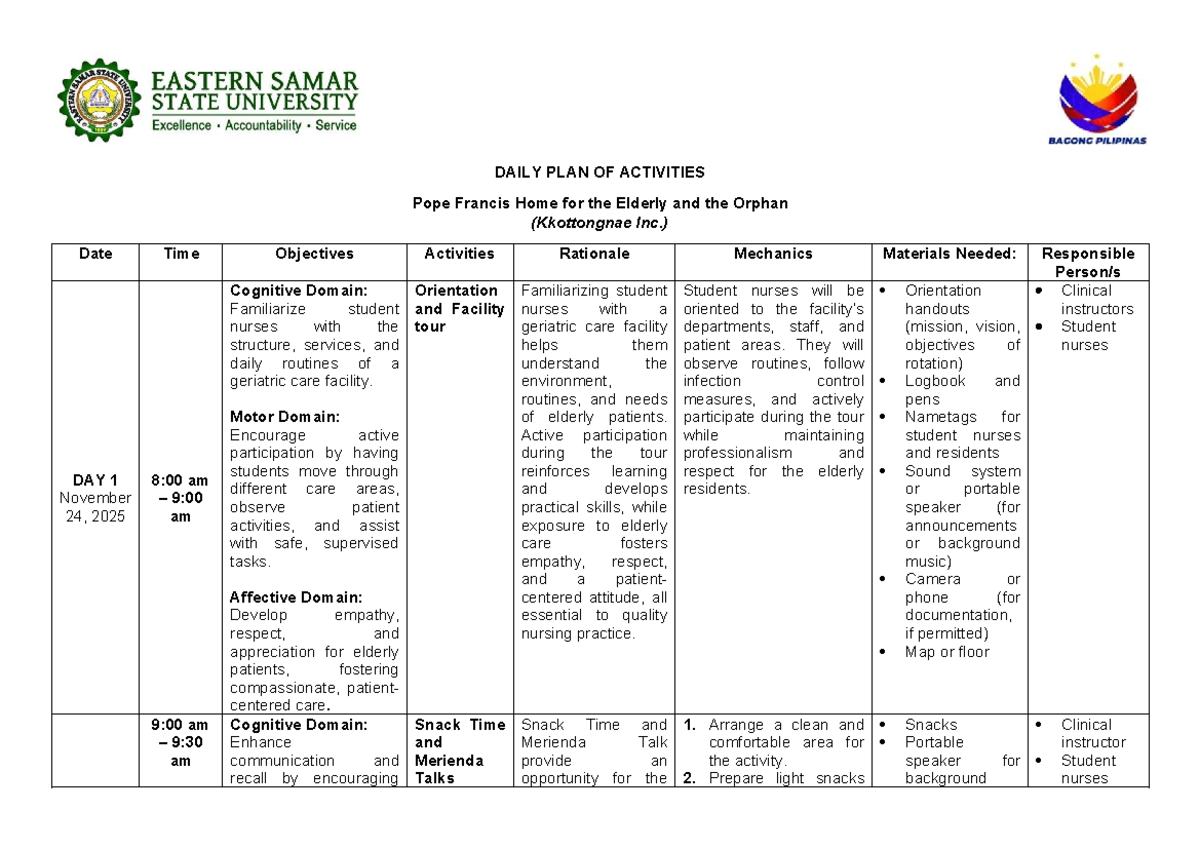 DAILY PLAN OF ACTIVITIES for CG5 & CG6 at Pope Francis Home - Studocu