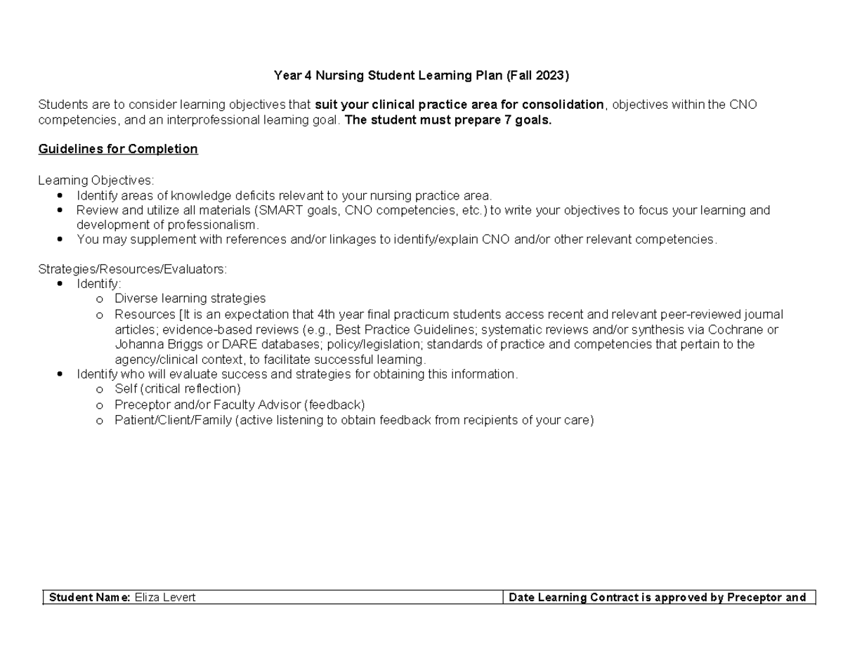 Final Learning Plan - Year 4 Nursing Clinical Practice (Fall 2023 ...