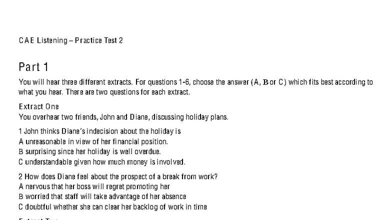 Cae Listening Practice Test 2 Extracts And Questions Studocu