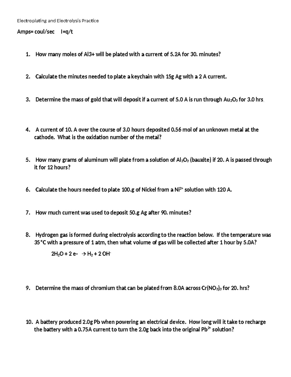 Electroplating and Electrolysis Practice Clean Copy 2024-2 38245857 ...