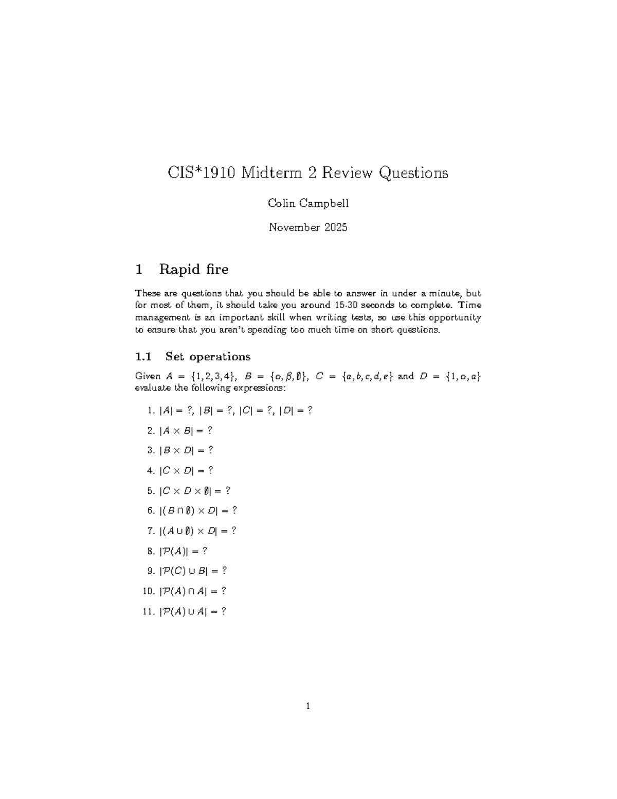 1910 Midterm 2 Review Questions - Set Operations & Functions - Studocu