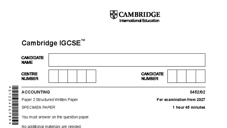 Cambridge Paper 2 Specimen Exam 2027: Structured Written Assessment ...