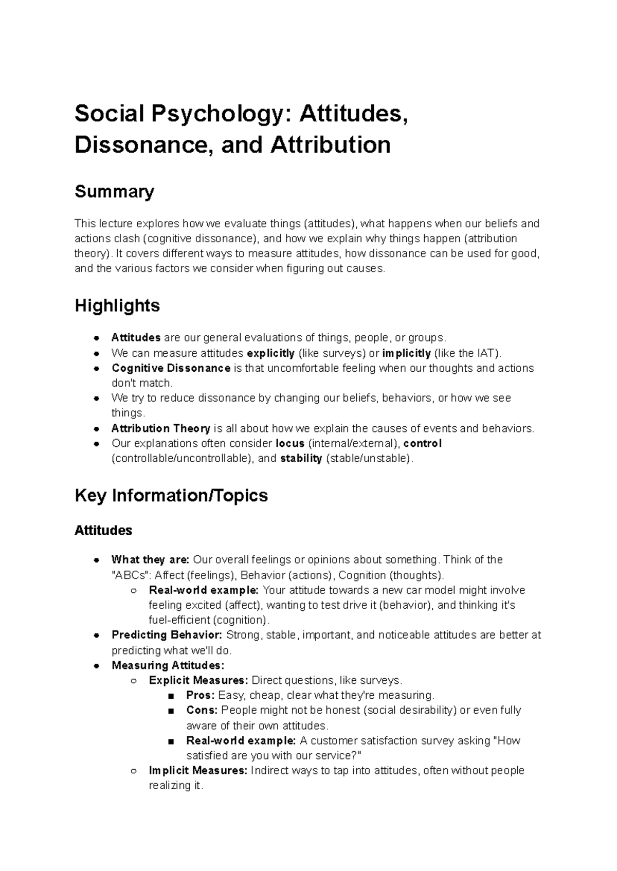 PSYCH108 Social Psychology: Attitudes, Dissonance & Attribution Summary - Studocu