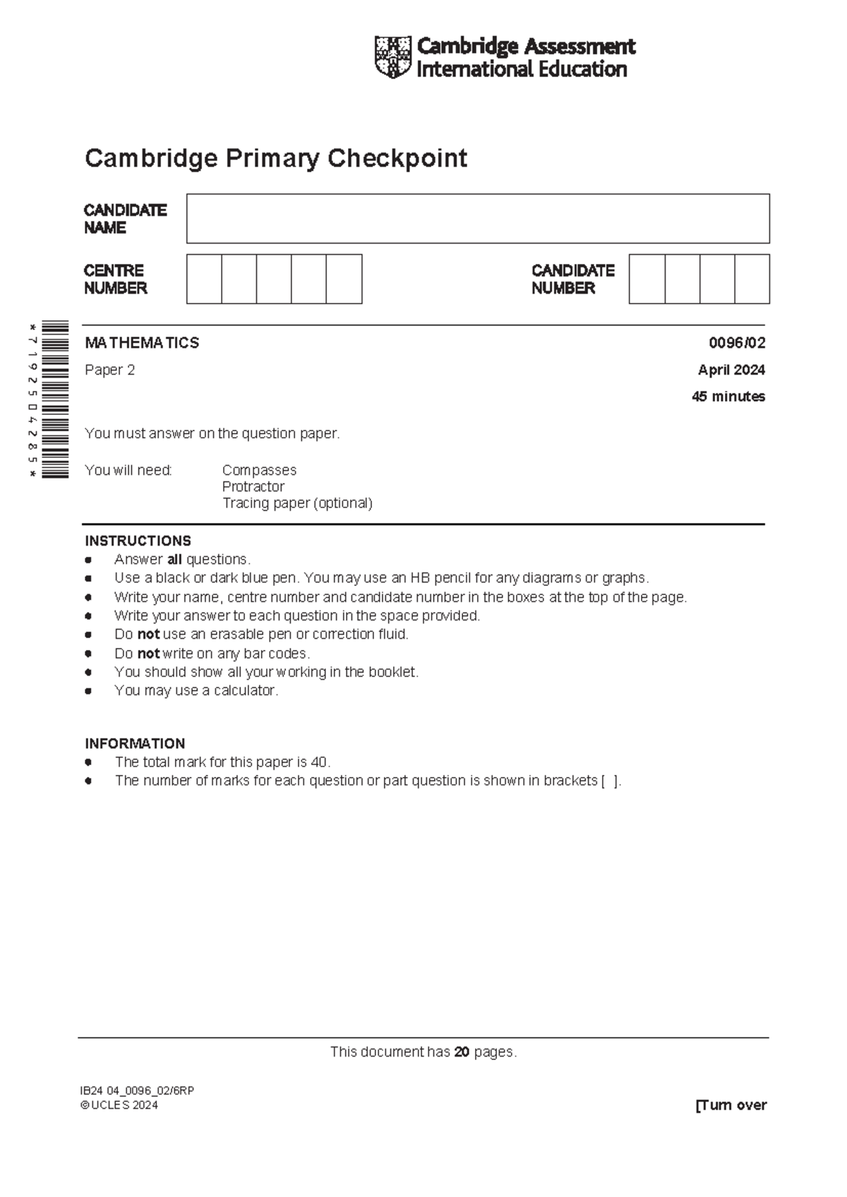 Mathematics Paper 2 - Cambridge Primary Checkpoint (IB24 0096) - April ...
