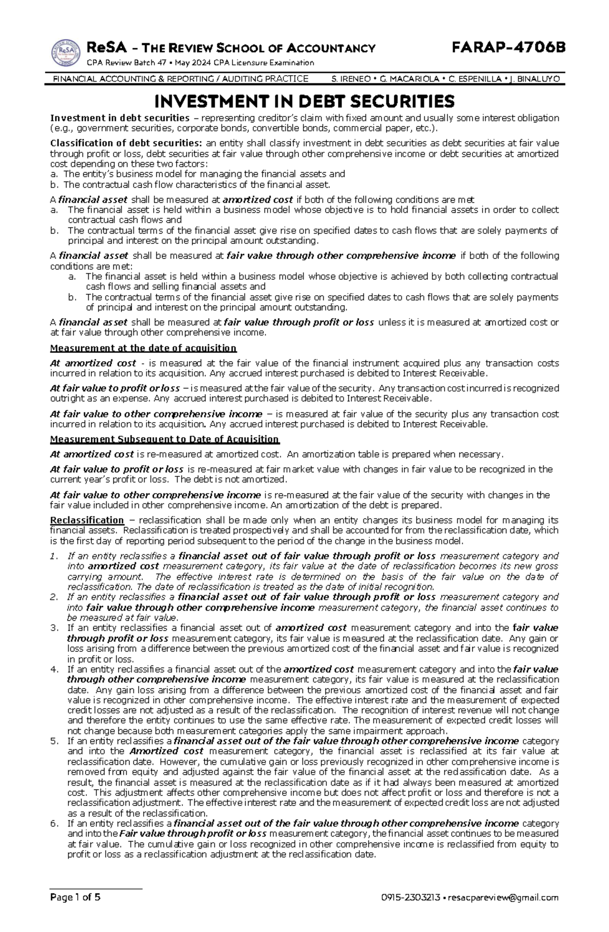 ReSA CPA Review Batch 47: Investment in Debt Securities Overview - Studocu