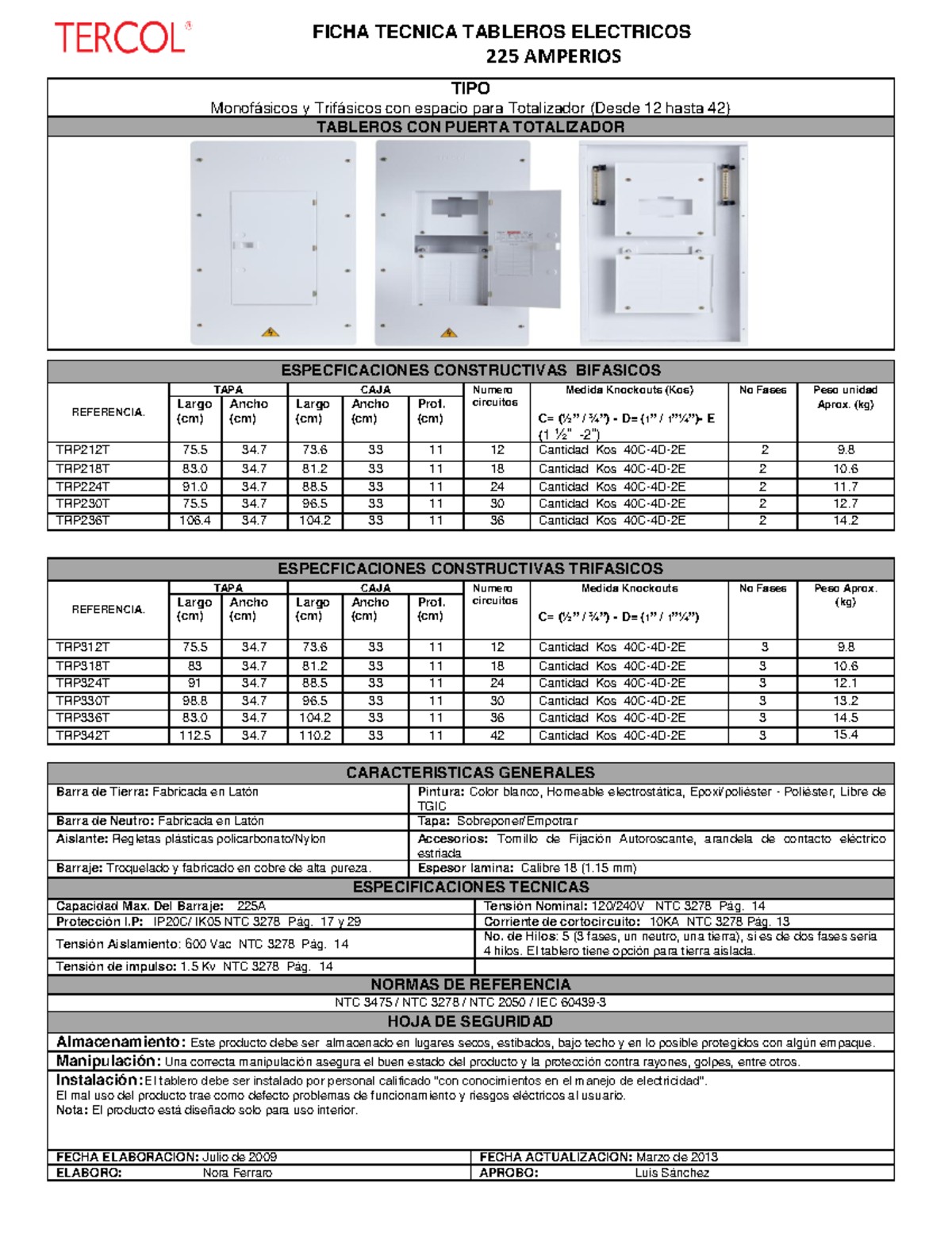 Ficha Técnica de Tableros Eléctricos 12 CTOS 225A - NTC 3278 - Studocu