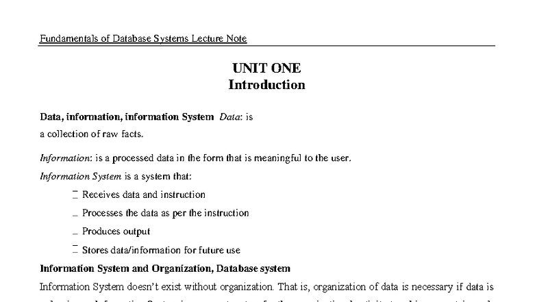 Fundamentals of Database Systems Lecture Note: Unit 1 Overview - Studocu
