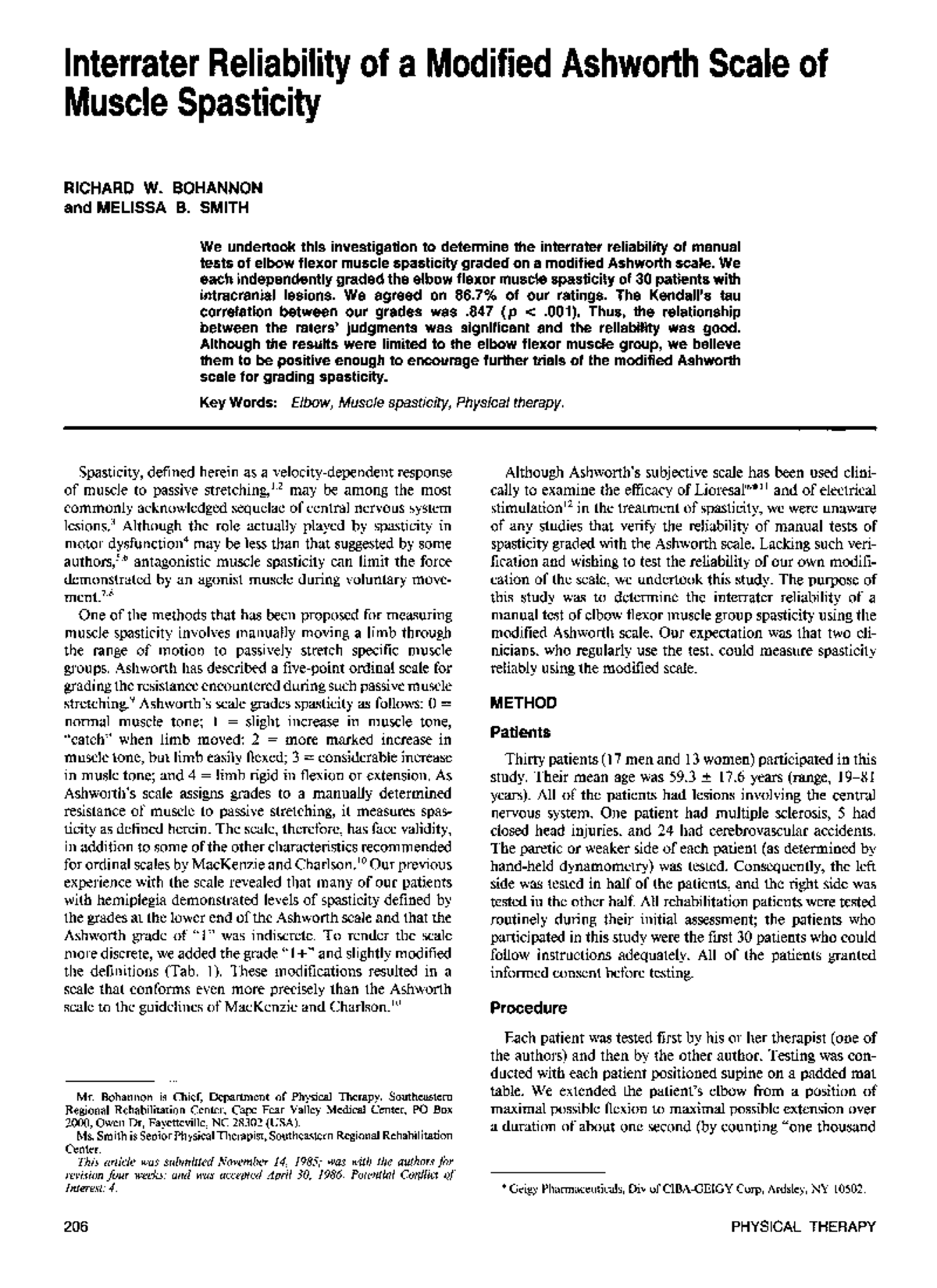 Bohannon 1987 modified ashworth scale - Interrater Reliability of a ...