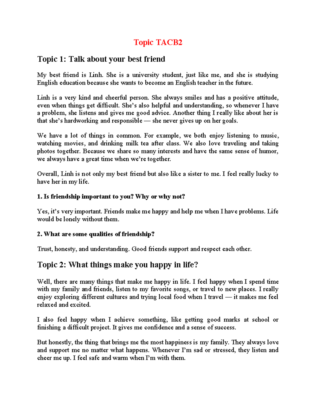 TACB2 Essay Notes: Friendship, Happiness, and Life Experiences - Studocu