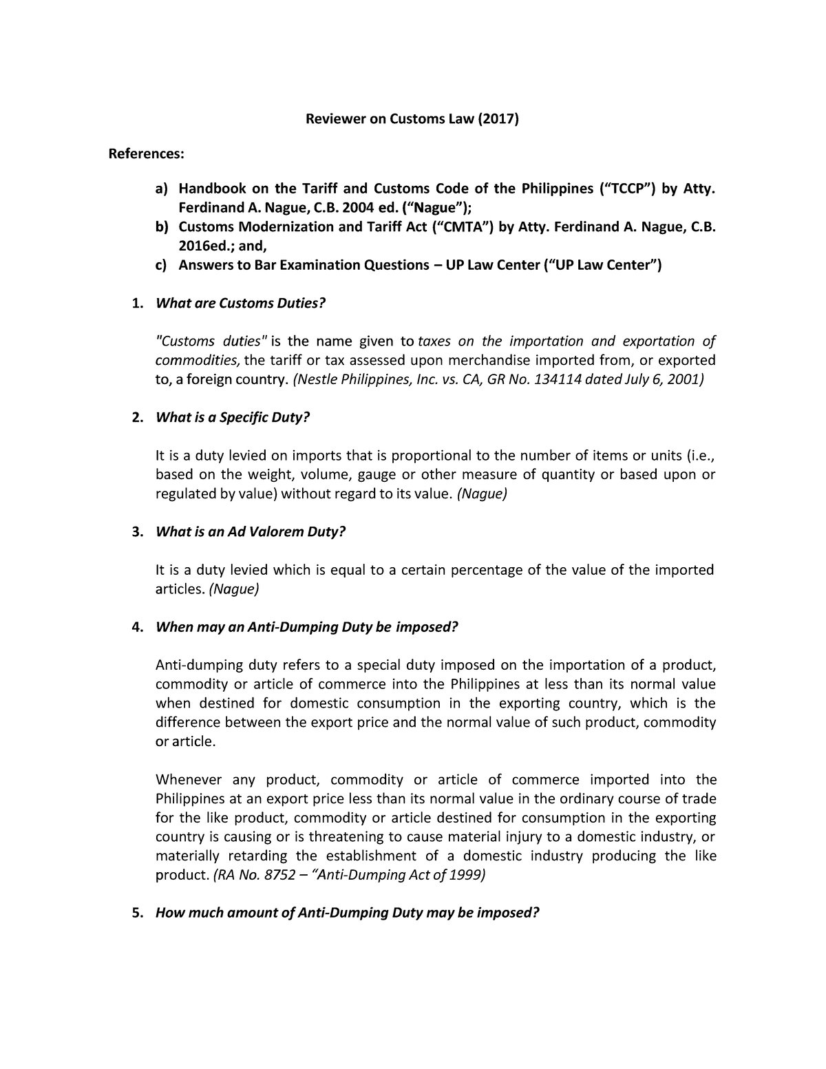 Document - FOR PREPARATION FOR BOARD EXAM - Reviewer on Customs Law ...
