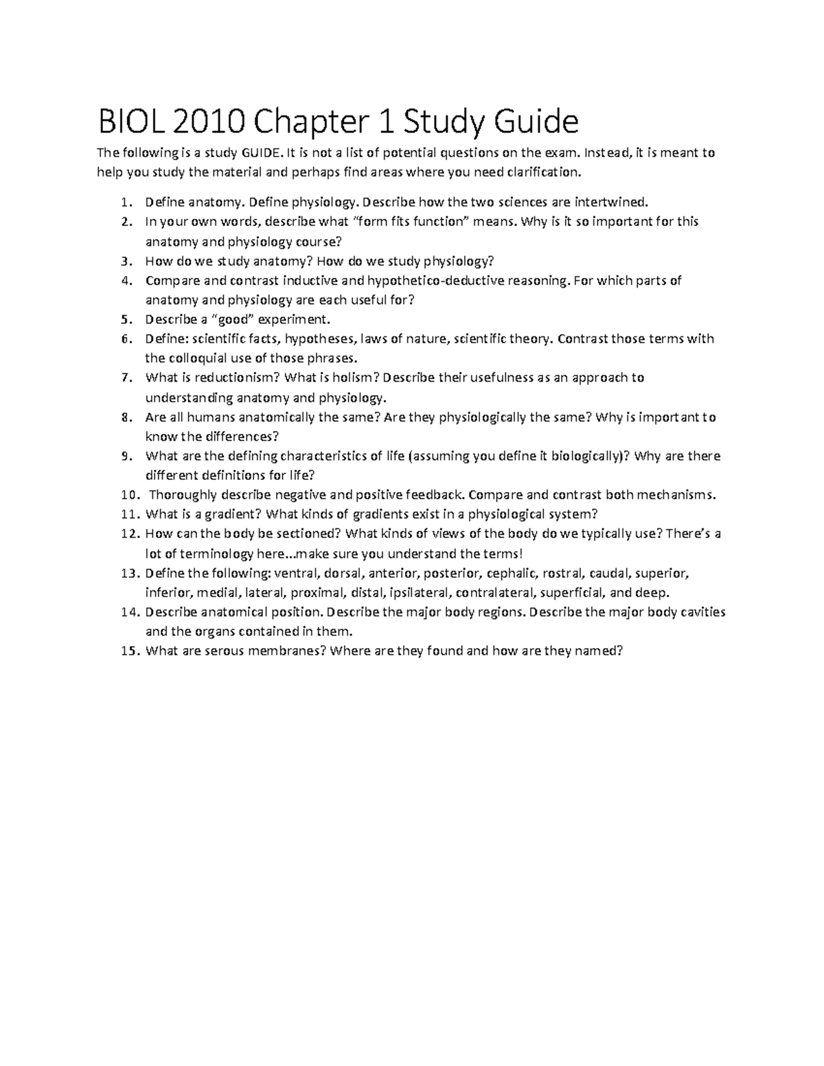 BIOL 2010 Chapter 1 Anatomy & Physiology Study Guide - Studocu