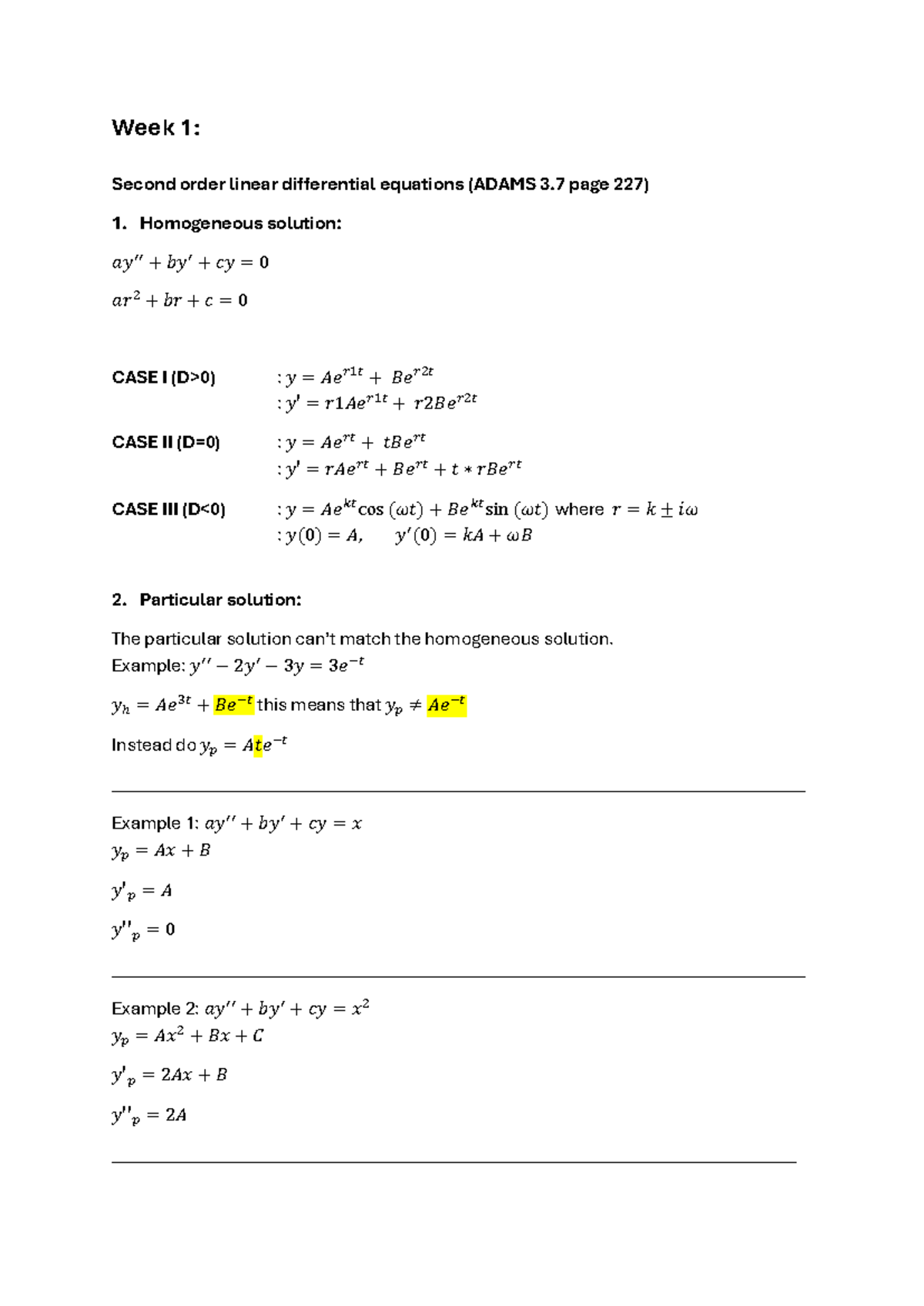 Math 1 Full Version Summary: Differential Equations & Linear Algebra ...