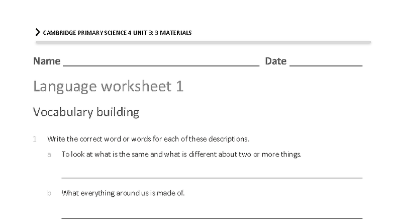 CAMBRIDGE PRIMARY SCIENCE 4 UNIT 3: MATERIALS LANGUAGE WORKSHEETS - Studocu