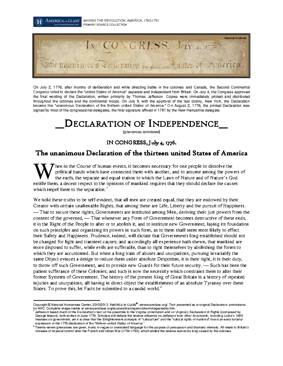 Annotated Insights on the Declaration of Independence (1776) - Studocu