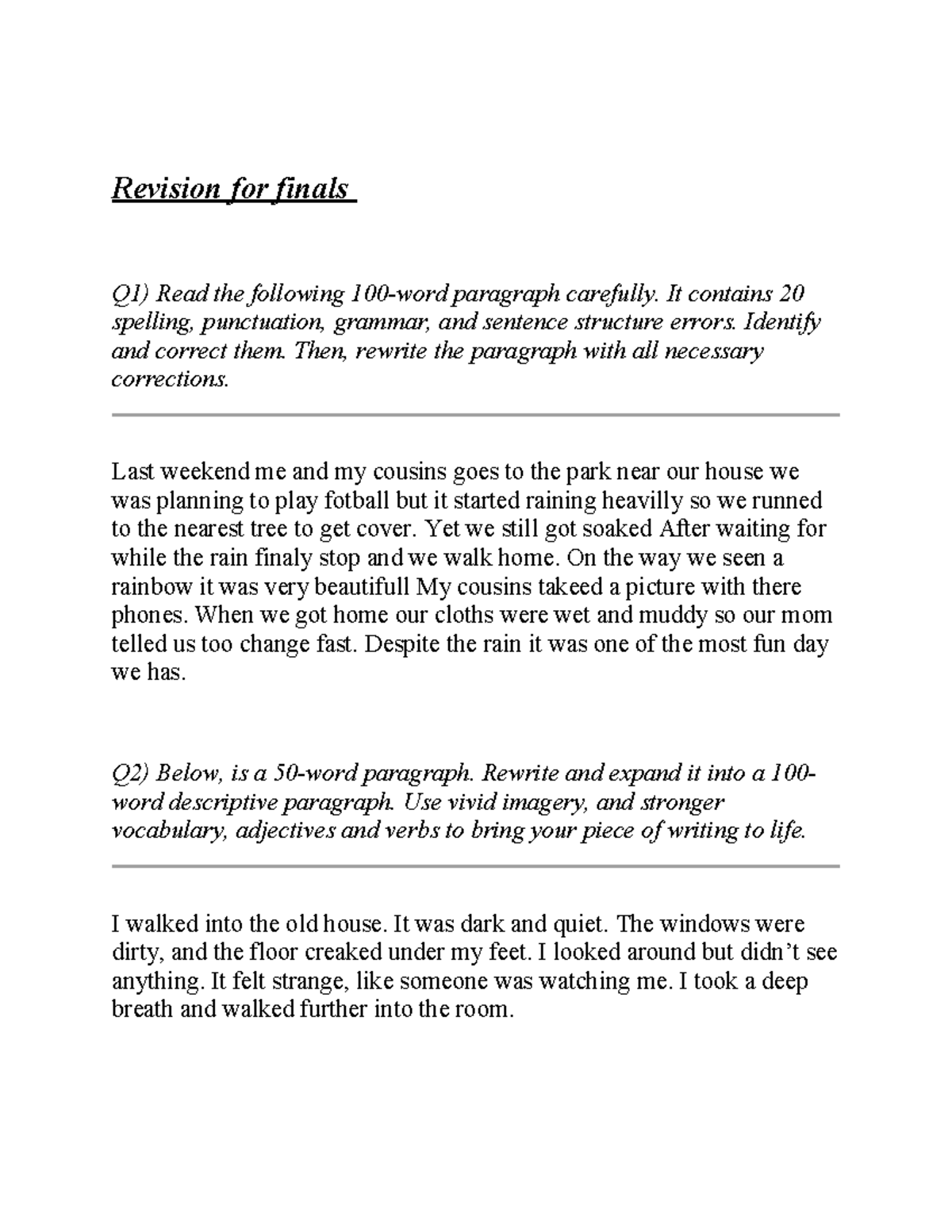 Grade 9 Final Exam - Revision for Grammar and Descriptive Writing - Studocu