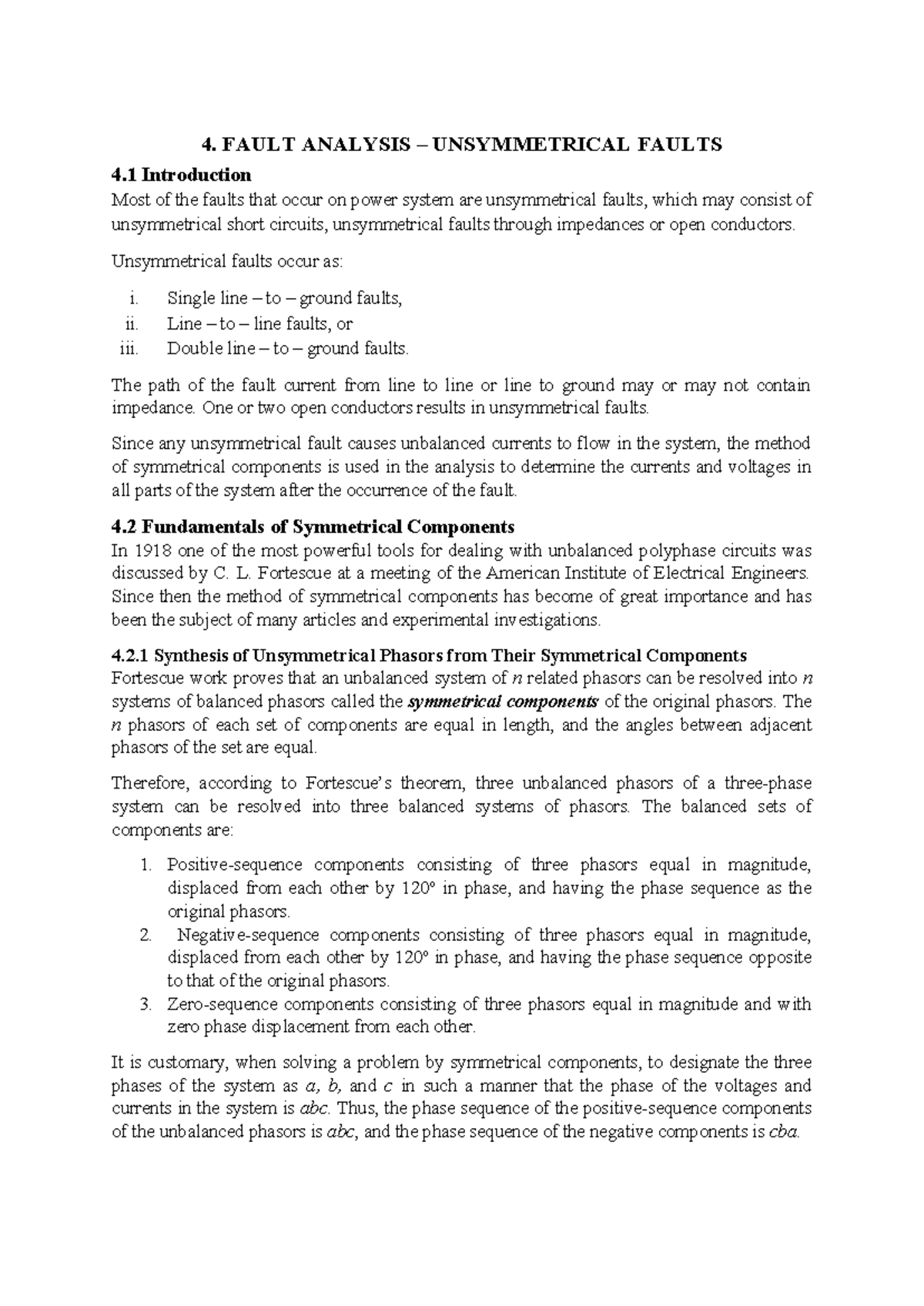 UNIT 4 Fault Analysis - Unsymmetrical Faults - FAULT ANALYSIS – UNSYMMETRICAL FAULTS 4 ...