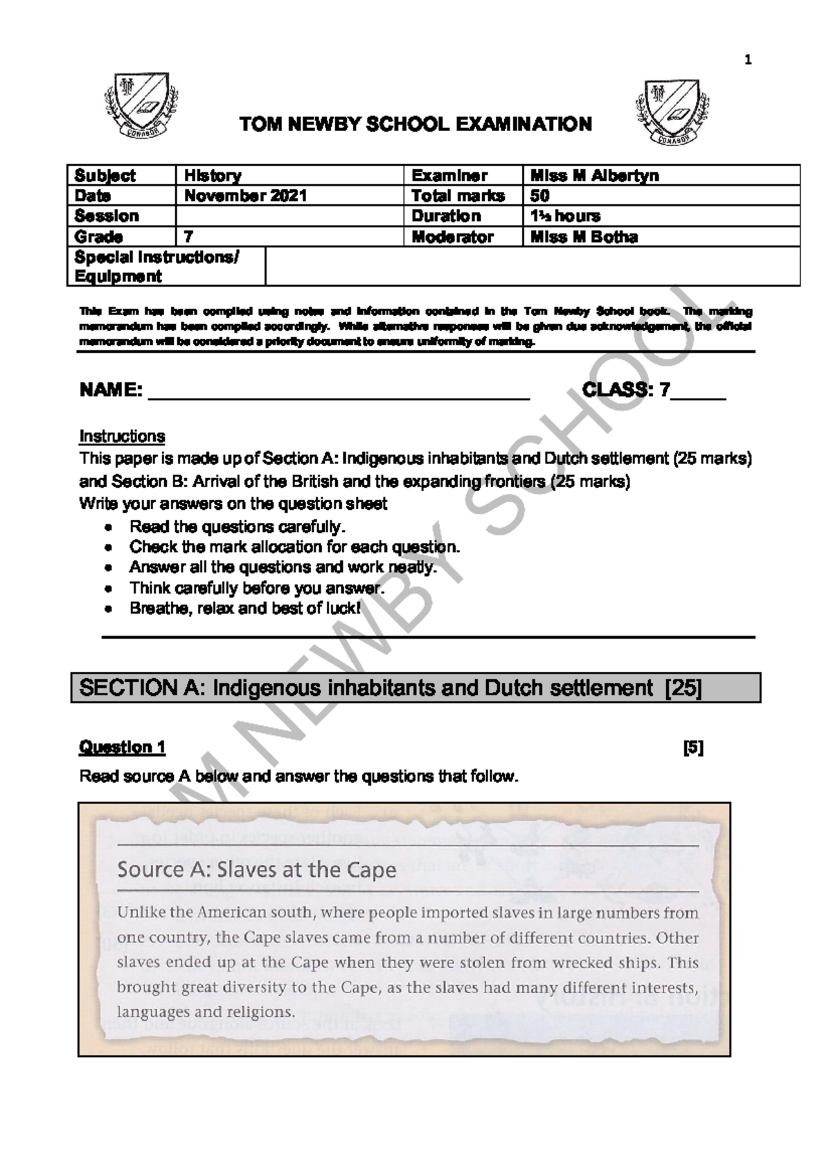 Grade 7 History Exam November 2021 - - Studocu