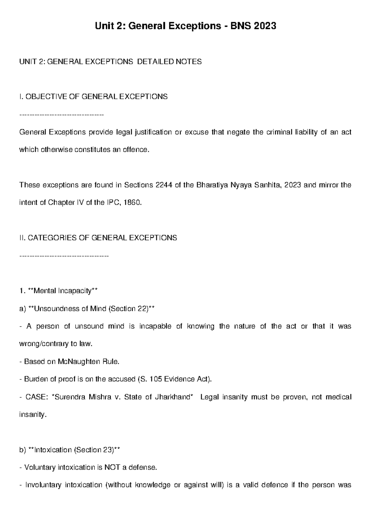 BNS 2023 Unit 2: Detailed Notes on General Exceptions - Studocu