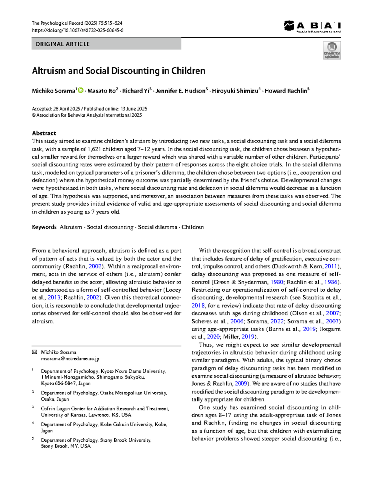 Altruism and Self-Control in Children: A Study on Social Discounting ...
