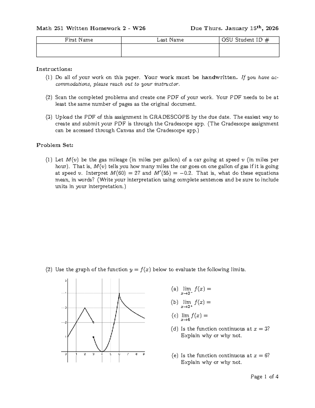 Math 251 Written Homework 2 W26 - Due Jan 15, 2026 - Studocu