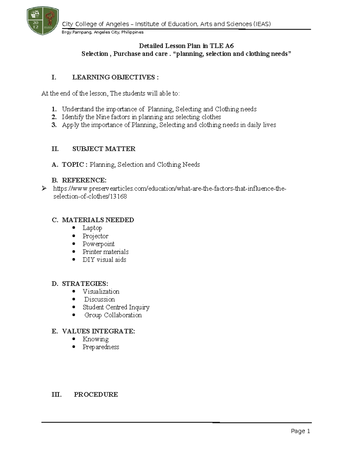 Detailed Lesson Plan in TLE A6: Clothing Selection and Care - Studocu
