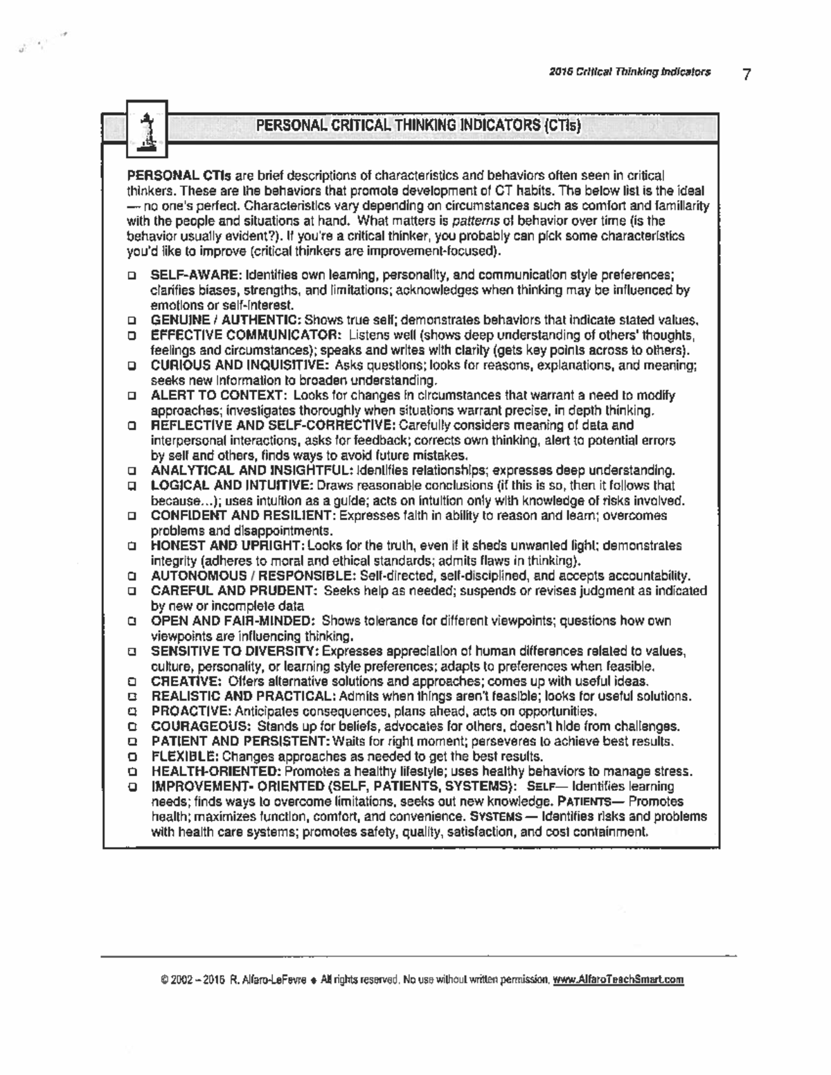 2016 Personal Critical Thinking Indicators: Key Characteristics ...