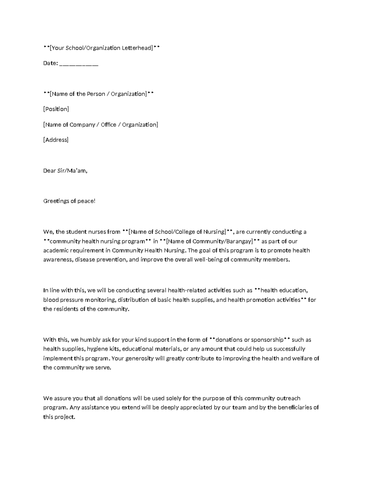 Community Health Nursing Outreach Program Request for Support - Studocu
