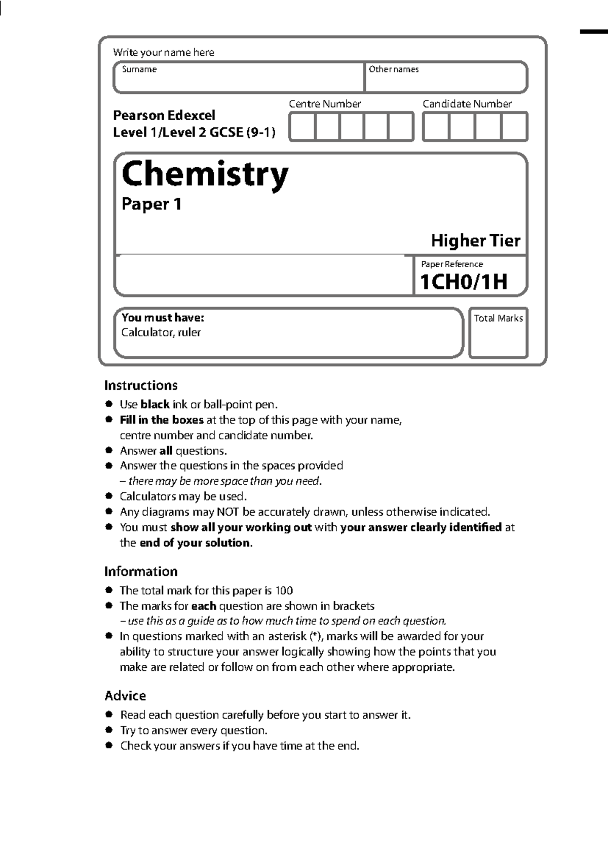 Chemistry Paper 1 Higher Tier Sample Assessment Materials (2016) - Studocu