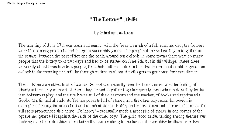 Shirley Jackson's "The Lottery" Analysis and Discussion Questions - Studocu