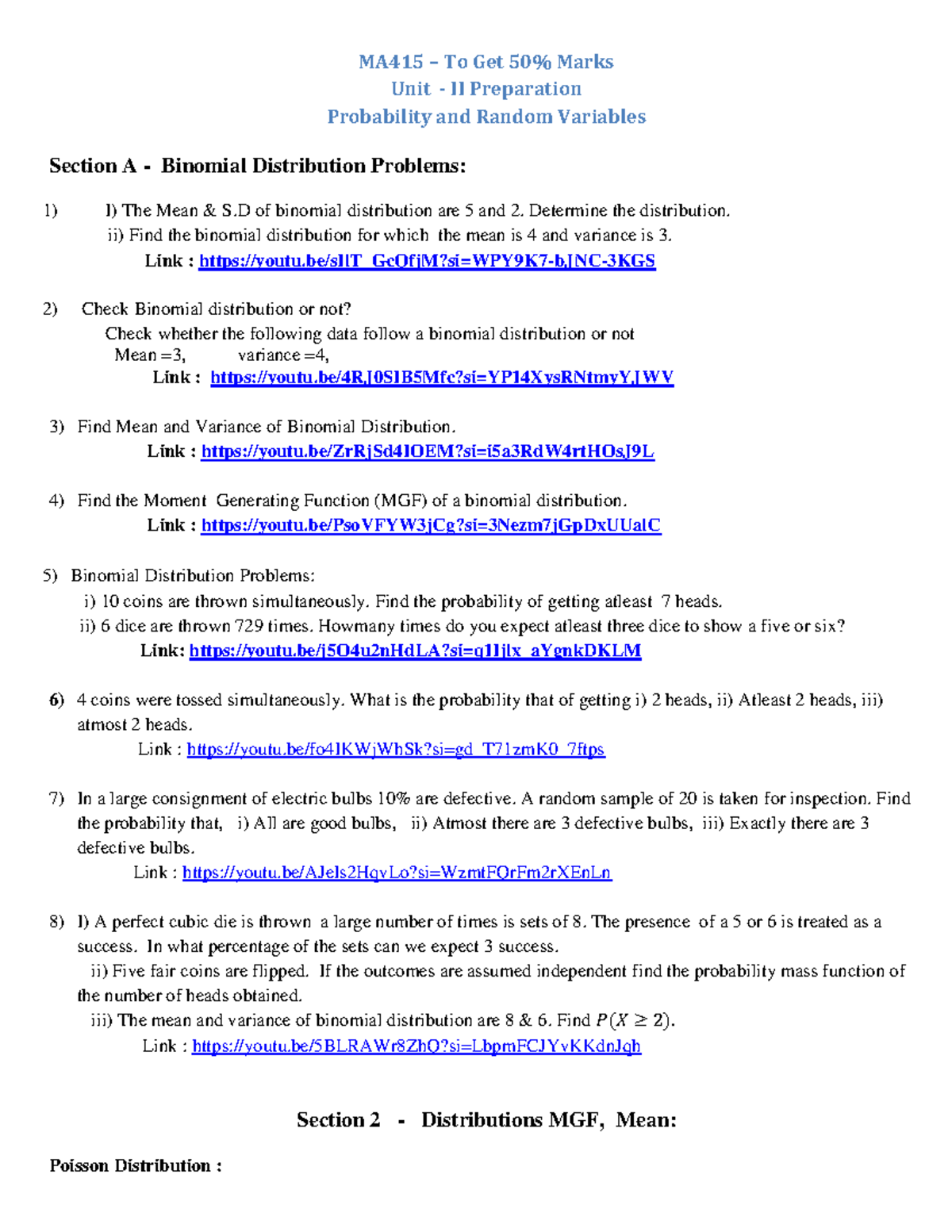MA415 Unit II Exam Prep: Probability & Random Variables - Studocu
