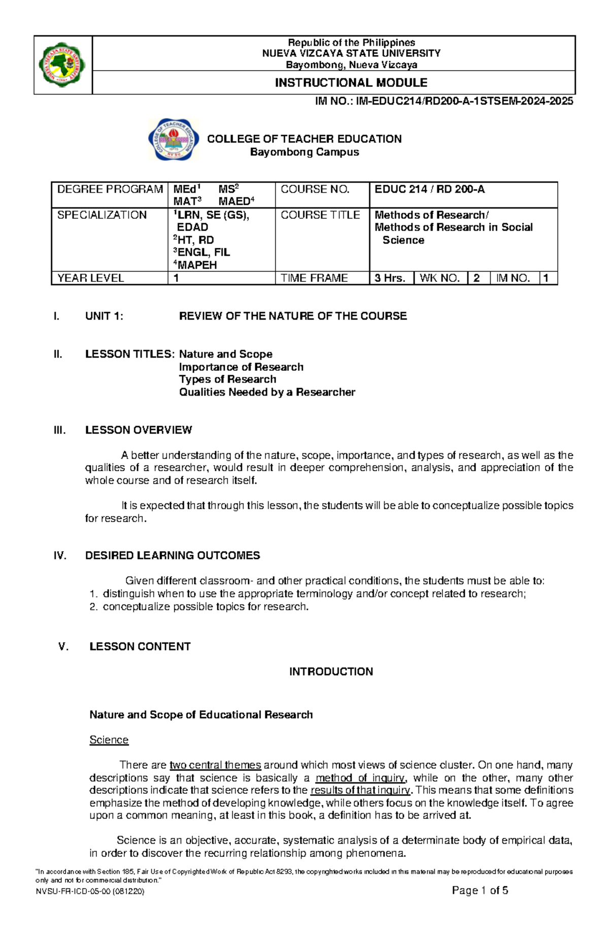 Research-Module 1-Introduction to the Course (refresher) - NUEVA ...