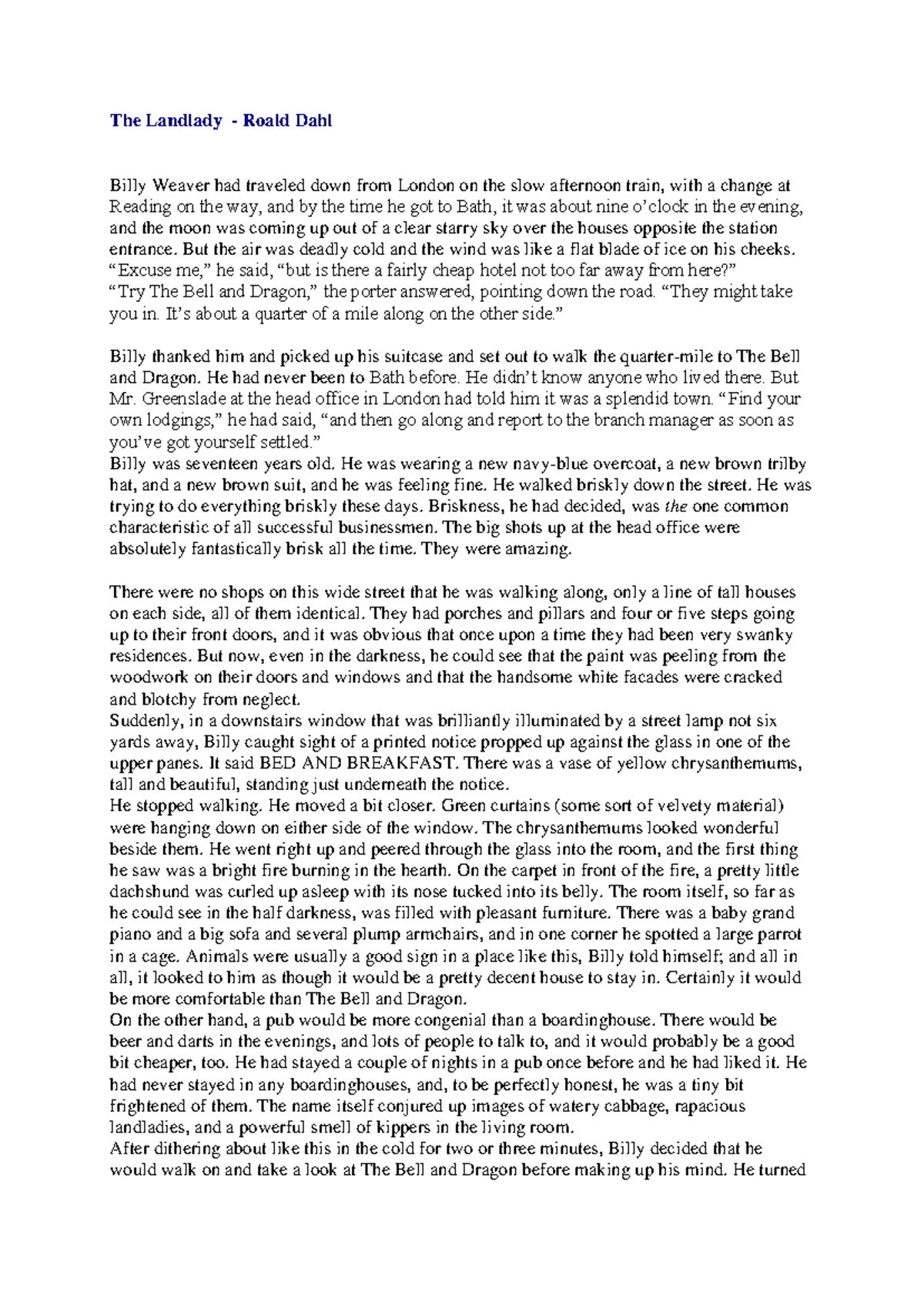 The Landlady by Roald Dahl: Analysis and Summary Insights - Studocu