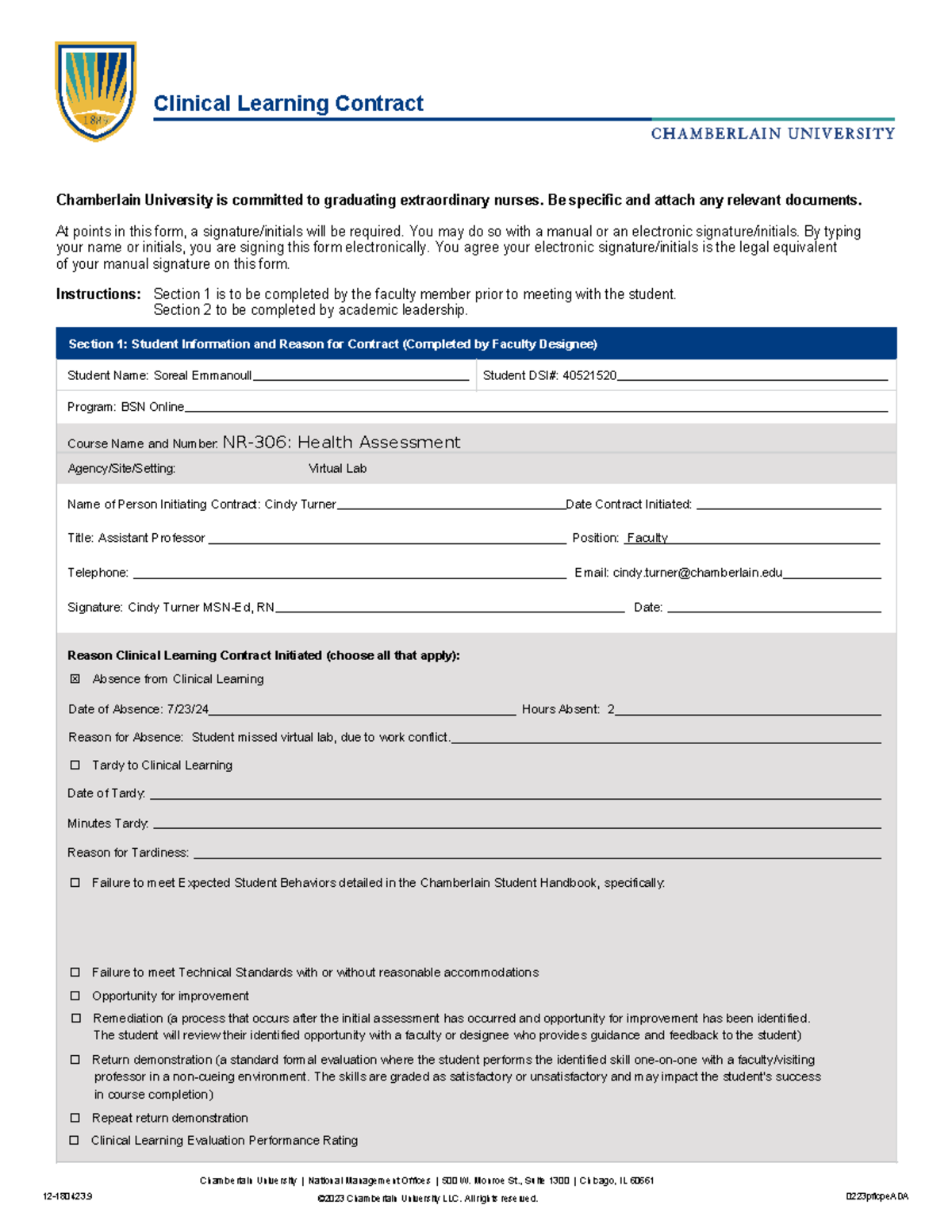 NR-306: Clinical Learning Contract for Soreal Emmanoull - Week 3 Lab ...