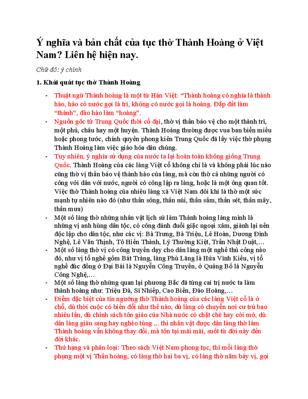 Ý nghĩa và bản chất của tục thờ Thành Hoàng ở VN hiện nay - Studocu