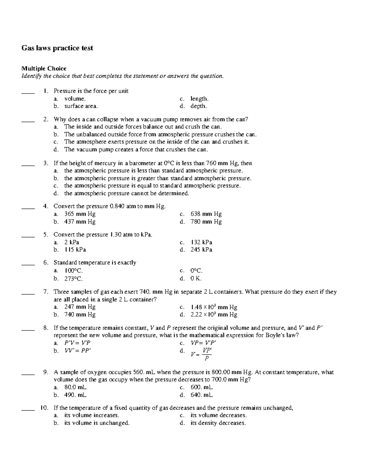 Gas Laws Practice Test (GAS 101) - Multiple Choice & Short Answer - Studocu