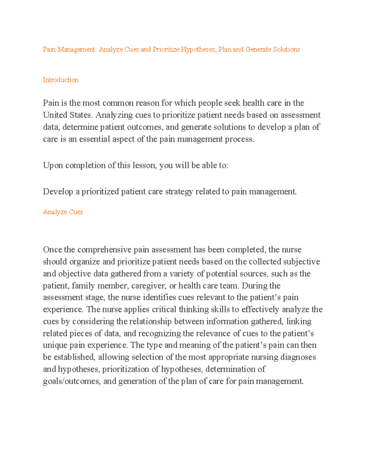 Pain Management: Analyzing Cues & Prioritizing Solutions in Care - Studocu