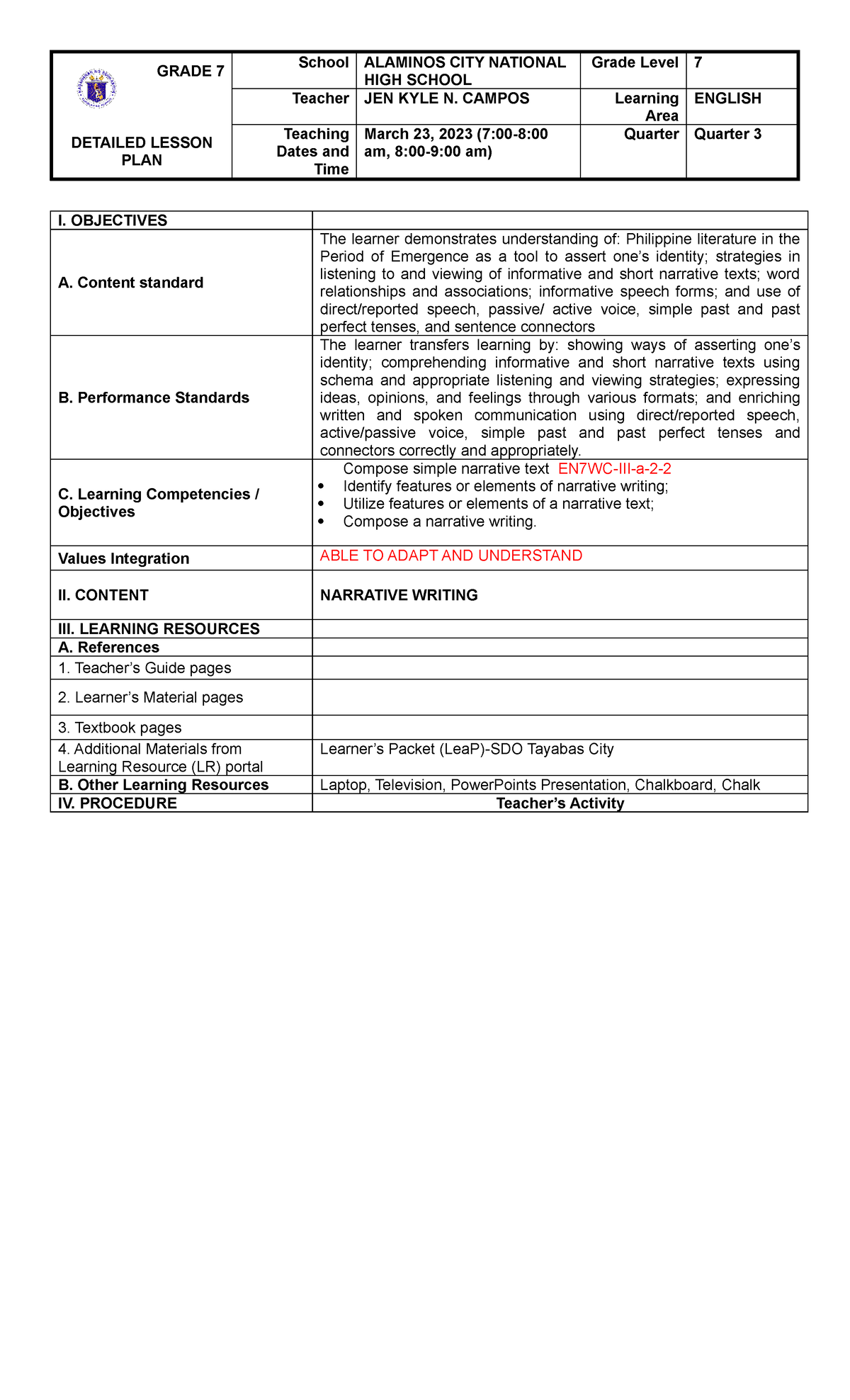 Grade 7 English DLP - Narrative Writing Lesson Plan by Jen Kyle N ...