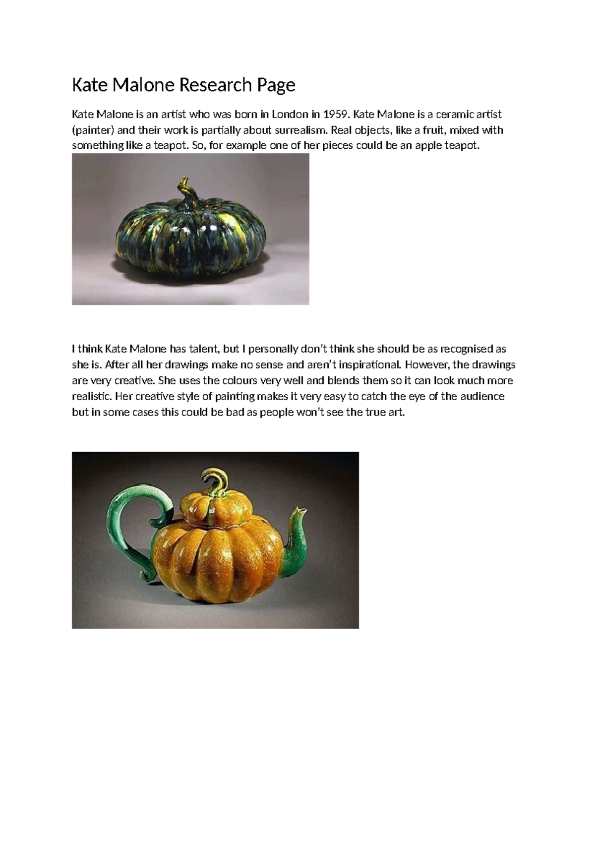 Kate Malone Research Task: Exploring Surrealism in Ceramics - Studocu