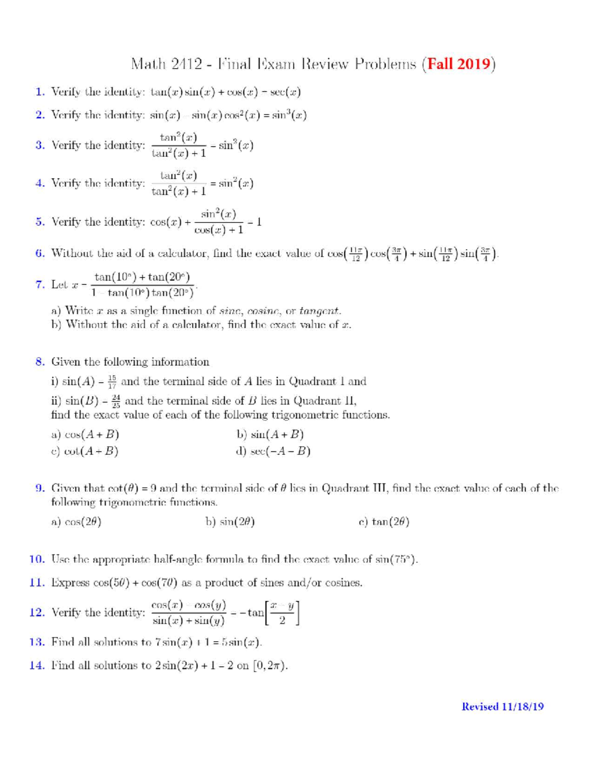 Math 2412 Final Exam Review Problems (Fall 2019) - Comprehensive Guide ...