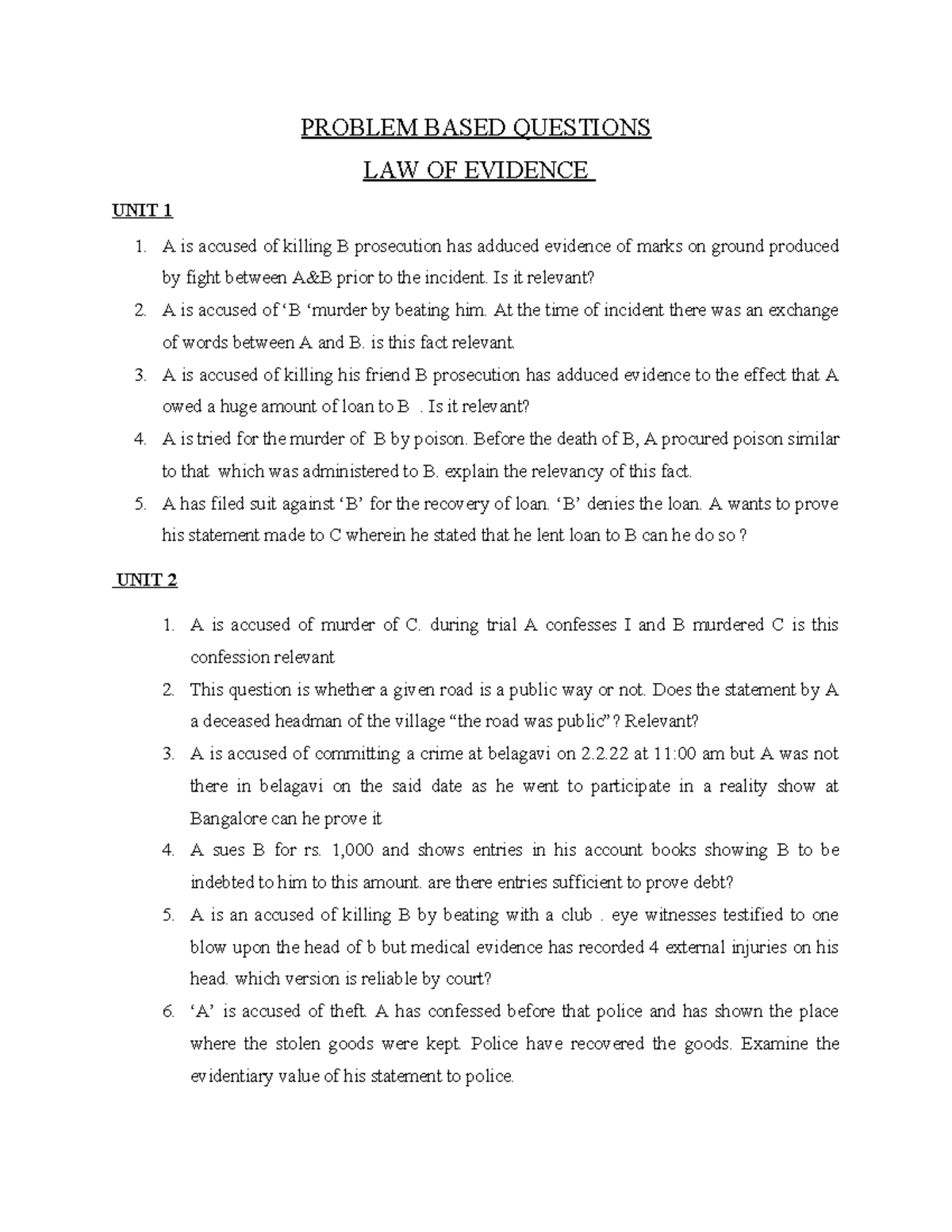 Problem-Based Questions: Law of Evidence Overview and Units Analysis ...