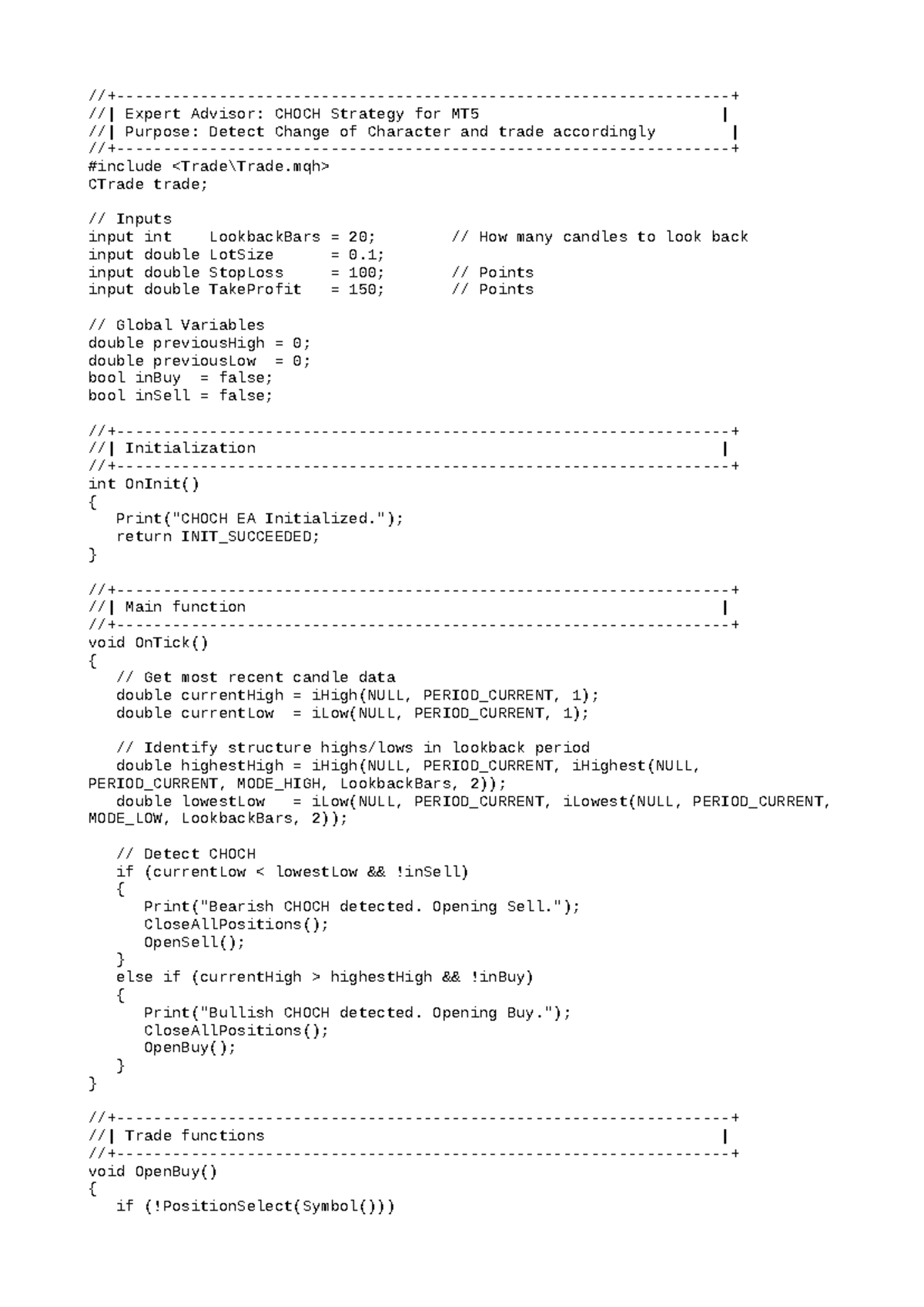 Expert Advisor: CHOCH Strategy for MT5 - Trading Logic and ...