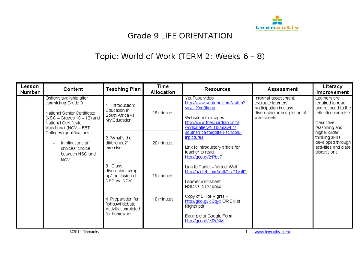 Gr9 T2 LIFE ORIENTATION: NSC vs NCV Lesson Plan - Studocu
